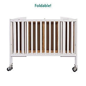 Dream On Me Folding Full Size Convenience Crib In White, Two Adjustable Mattress Height Positions, Comes With Heavy Duty Locking Wheels, Flat Folding Crib