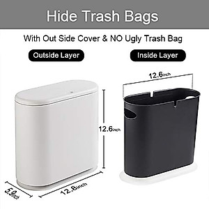 AIFUSI Trash Can, 10 Liter / 2.4 Gallon Plastic Slim Garbage Container Bin with Press Top Lid, White Waste Basket for Kitchen, Bathroom, Living Room, Office, Narrow Place(Ivory White
