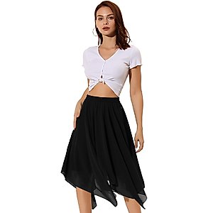 Allegra K Women's Elastic Waist Chiffon Handkerchief Hem Midi Skirt Medium Black