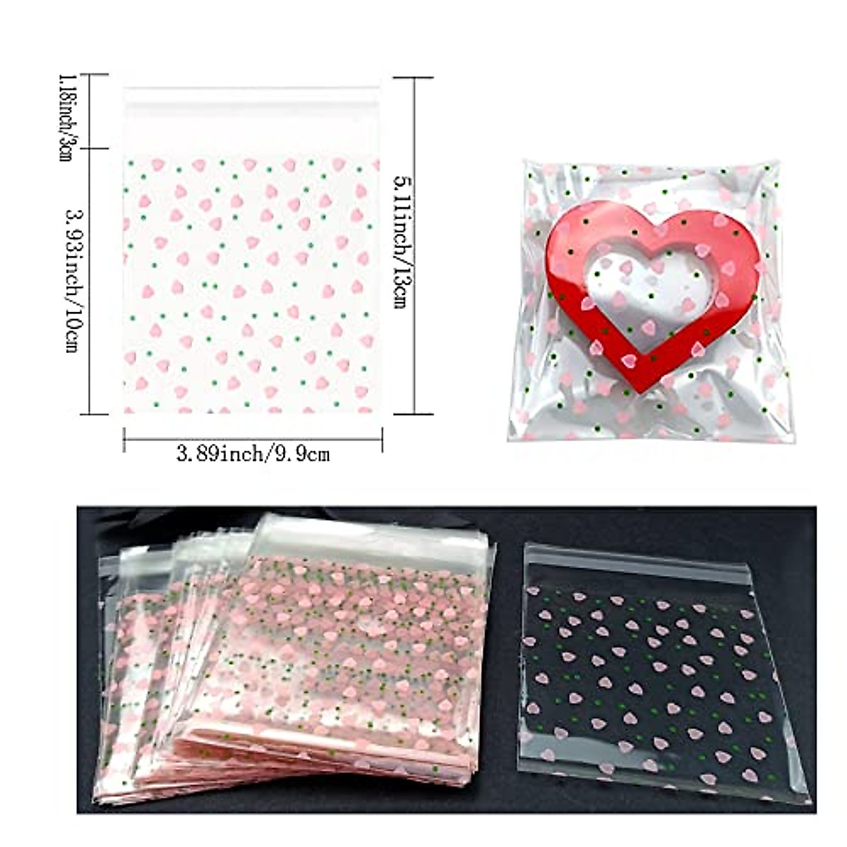 FAZHBARY 100 PCS Valentine Cellophane Bags Pink Heart Clear Cellophane Bags Small Gift Bags Self Sealing Cellophane Goodie Bags for Bakery Supplies