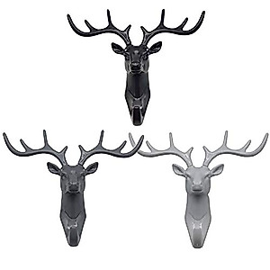 Maydahui 3PCS Deer Head Wall Hook Antler Hanger Animal Shaped Key Coat Hat Hooks Plastic Home Decoration Black White Grey Heavy Duty for Living Room Bedroom Bathroom