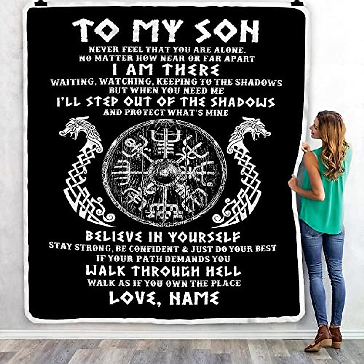 CenturyTee Personalized to My Son Blanket Viking Never Feel You are Alone Odin Scandinavian Norse Runes Son Birthday Christmas Customized Bed Fleece Throw Blanket (60 x 80 Inches - Adult Size)