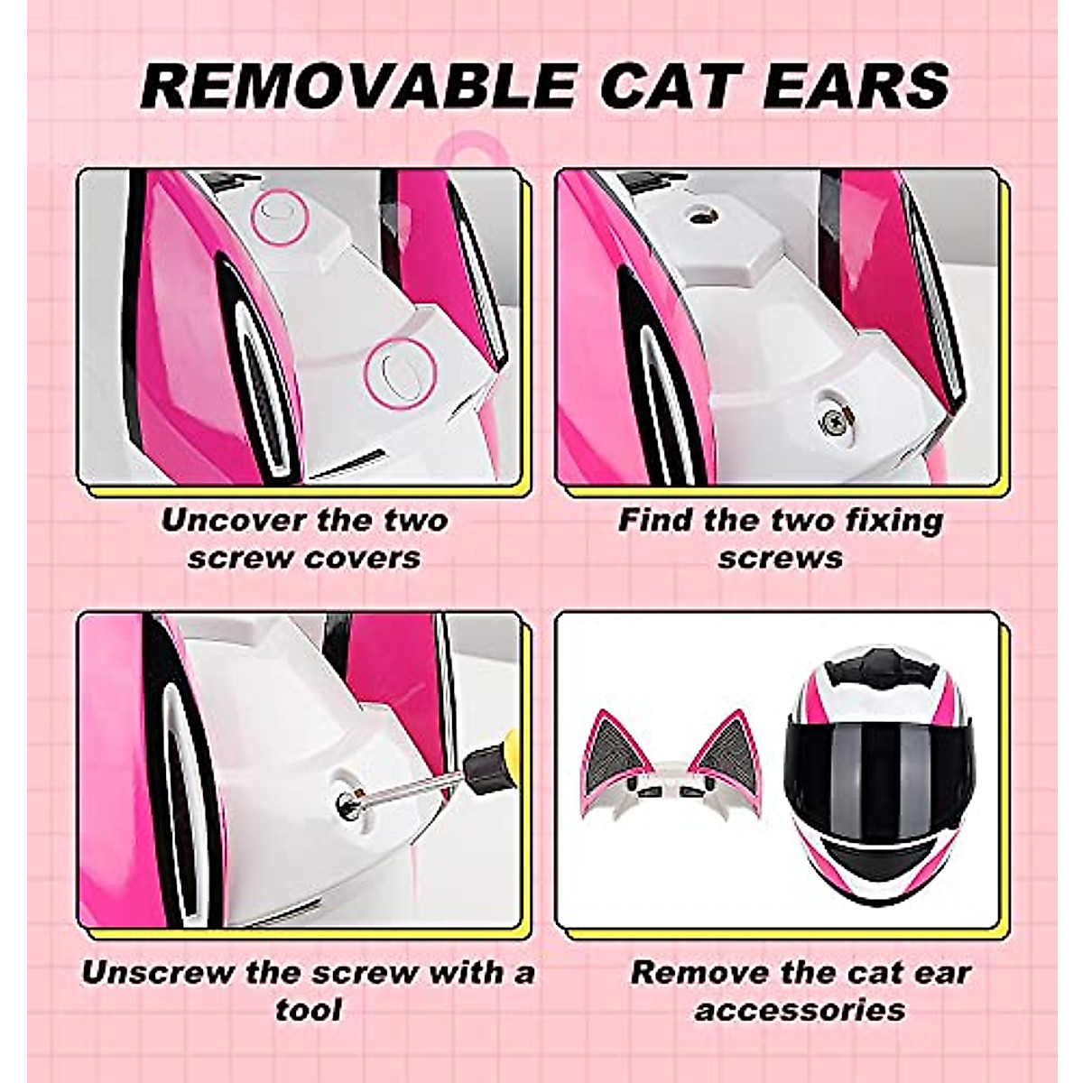 Cat Ear Bluetooth Motorcycle Helmet, DOT Certification Full Face Flip-Up Motorbike Helmet, Cool Cute Cat Helmets with HD Visor and Ventilation Syste, for Adults Men Women S~XL