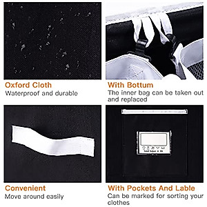 TECHMILLY 3 Section Large Laundry Basket, 140L Laundry Hamper with Lid，Waterproof Durable Clothes Hamper with 4 Removable Bags and 3 labels for Bathroom, Bedroom, Dorm, (Black)