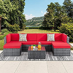 Walsunny 7pcs Patio Outdoor Furniture Sets,Low Back All-Weather Silver Gray Rattan Sectional Sofa with Tea Table&Washable Couch Cushions&Ottoman,Red