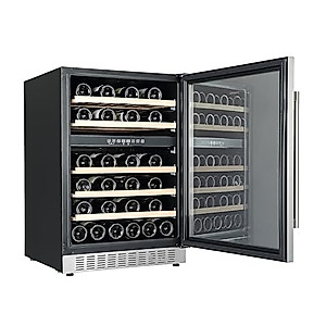 Everdure 46 Bottle Luxury Wine Cooler & Beverage Refrigerator, Built in or Free-Standing, Dual Zone, Stainless Steel with Reversible Glass Door, Beech Wood Shelves and LED Display Touchpad