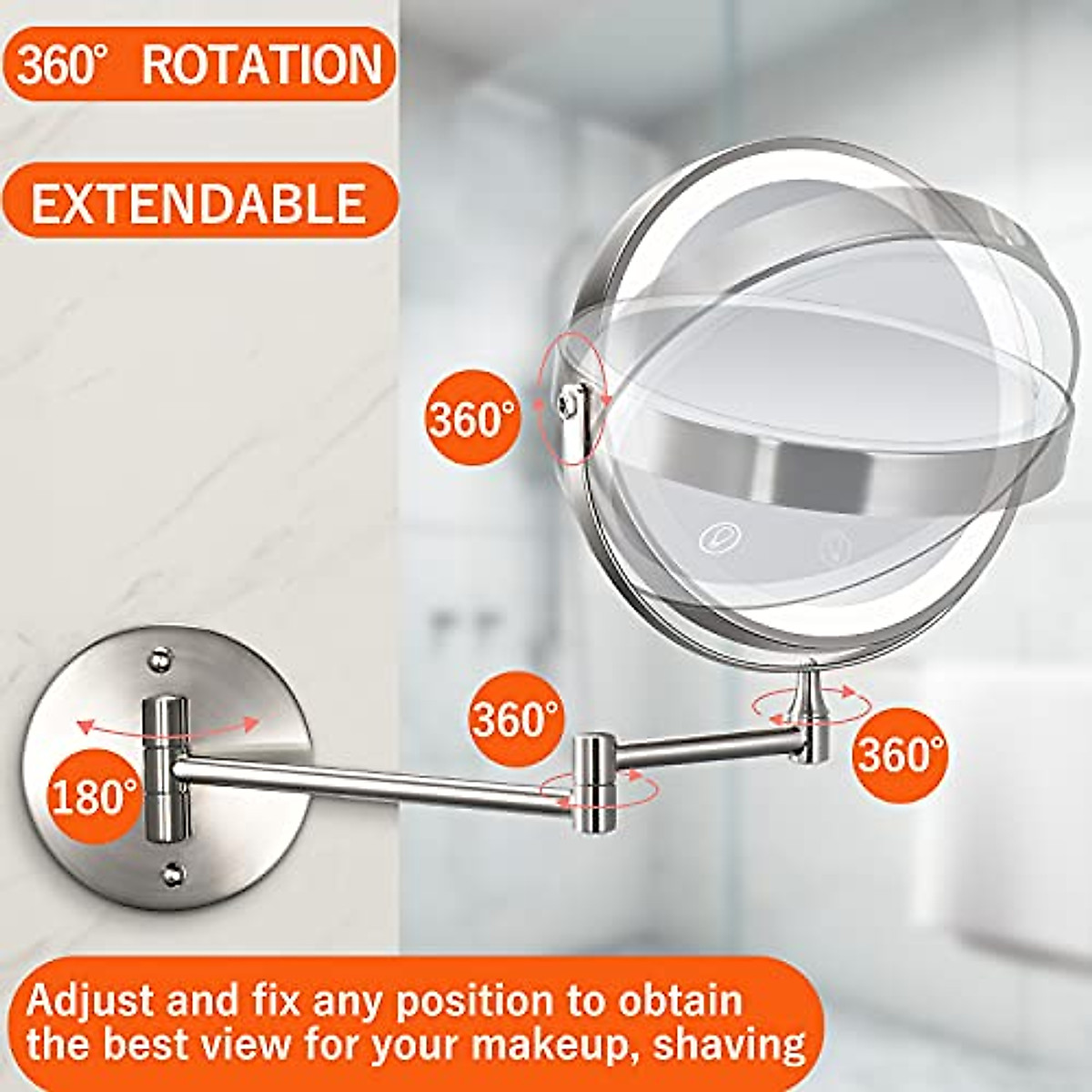 Wall Mounted Lighted Makeup Mirror 8 Inch 1X 10X Magnification with 3 Color LED Lights, Rechargeable Dimmable Magnifying Vanity Mirror, Extendable Arm 360° Swivel Bathroom Mirror, Brushed Nickel