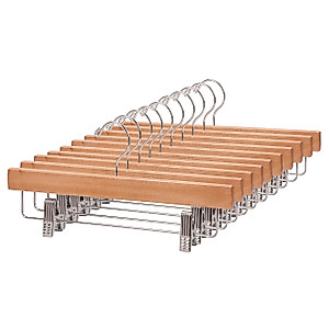 Wooden Pants Hangers, Solid Wood Bottom Jeans Skirt Hanger with 2-Adjustable Clips Anti Rust Hook Pack of 10 (Natural)-HL01NP