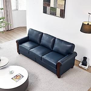 HULALA HOME 81'' Faux Leather Sofa with Nailhead Trim and Wood Decor Rolled Arms, Modern Living Room 3-Seater Couch, Navy Upholstered Couch with Removable Backrest for Bedroom Apartment