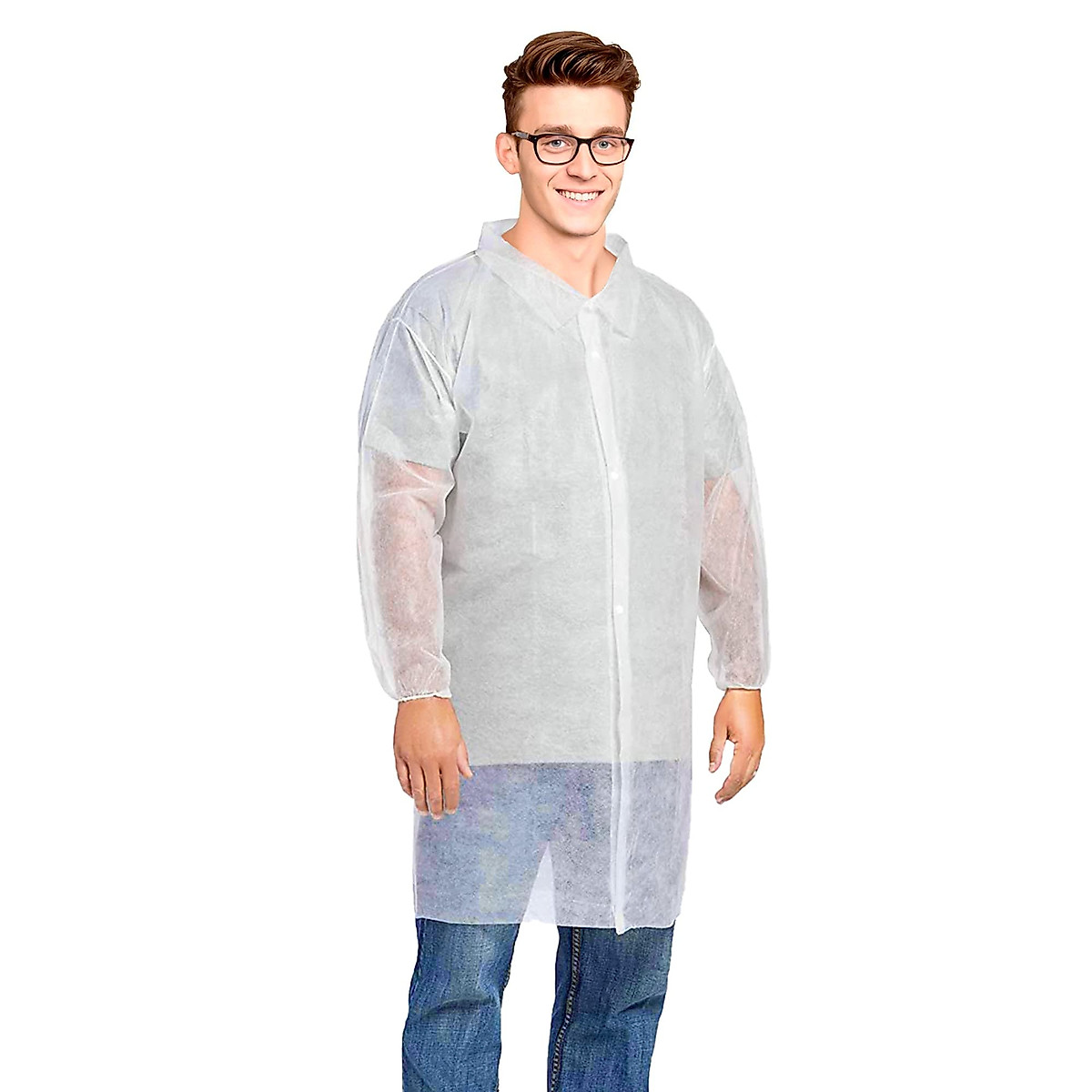 AMZ Disposable Lab Coat, White Disposable Lab Coats for Adults 30 GSM PP, PPE Coat with 4 Snaps, Elastic Wrists, No Pockets