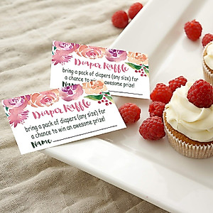 50 Watercolor Flowers Diaper Raffle Tickets for Baby Shower Invitation Inserts, Baby Shower Game Cards.
