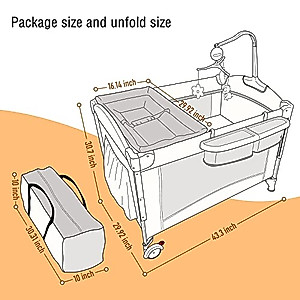 5 in 1 Baby Crib,Baby Bassinet, Bedside Cribs, Pack and Play with Bassinet and Changing Table, Portable Travel Baby Playpen with Bassinet Toys & Music Box,Mattress for Girl Boy Infant Newborn (Grey)