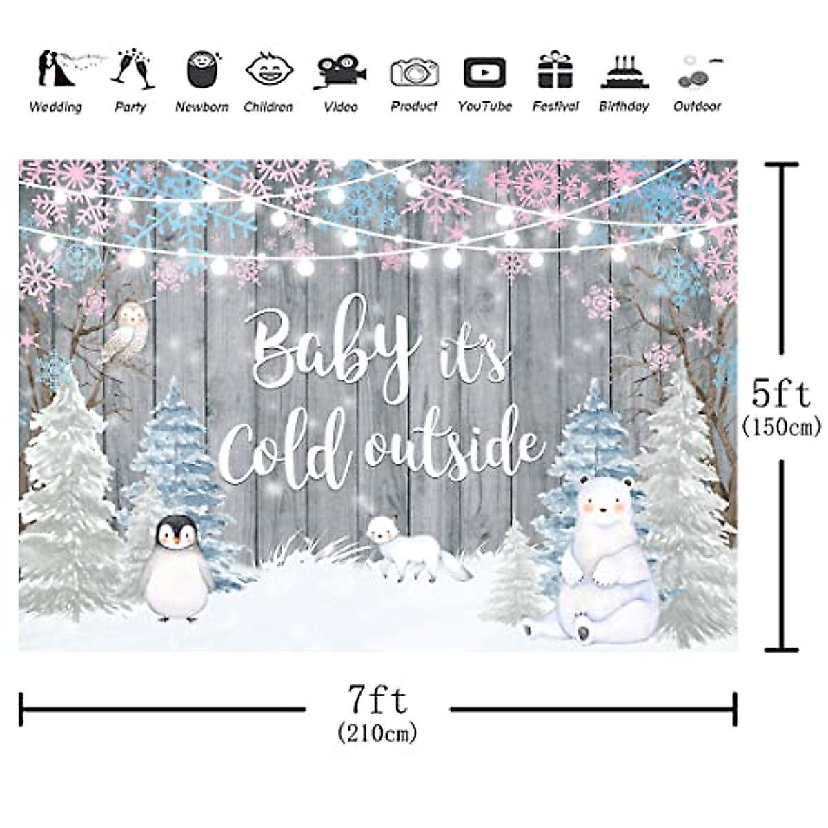 Aperturee It's Cold Outside Baby Shower Backdrop 7x5ft Winter Woodland Animals Penguin Christmas Trees Snowflake Rustic Wood Wooden Floor Photography Background Party Decorations Banner Photo Booth
