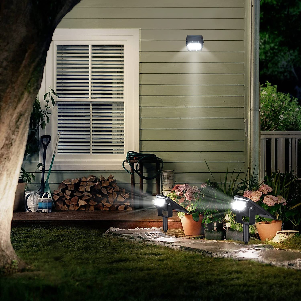 HUYIENO 2PK Solar Outdoor Lights Garden Pathway Spot Lights Ground/Wall Mounting 2 Lighting Modes for Outdoor Landscape