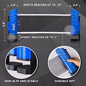 XGEAR Anywhere Ping Pong Equipment to-Go Includes Retractable Net Post, 2 Ping Pong Paddles, 3 pcs Balls, Attach to Any Table Surface, Lake Blue