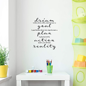 Vinyl Wall Art Decal - A Dream, A Goal, A Plan, Action, Dreams Reality - 26.5" x 22" - Trendy Inspirational Positive Mind Change Quote Sticker for Bedroom Playroom Office School Store Decor (Black)