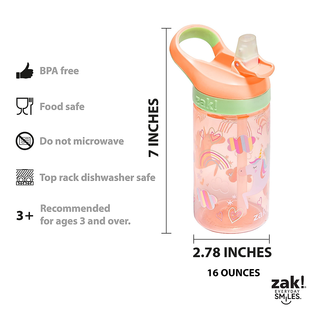 zak! Unicorn - 5-Piece Dinnerware Set - Durable Plastic & Stainless Steel - Includes Water Bottle, 8-Inch Plate, 6-Inch Bowl, Fork & Spoon - Suitable for Kids Ages 3+
