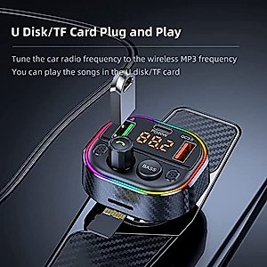 Bluetooth 5.1 FM Transmitter for Car, Bluetooth Car Adapter with PD20W+QC3.0 Car Radio Music Adapter, Supports Handsfree Call Siri Google Assistant, SD Card/U Disk, 7 Color LED Backlit, LED Voltmeter