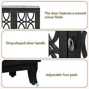 Voohek Glass Mirrored Doors and Adjustable Shelf, Buffet Cabinet with Drop-Shaped Silver Handle for Living, Hallway, Dining Room, Black Sideboard