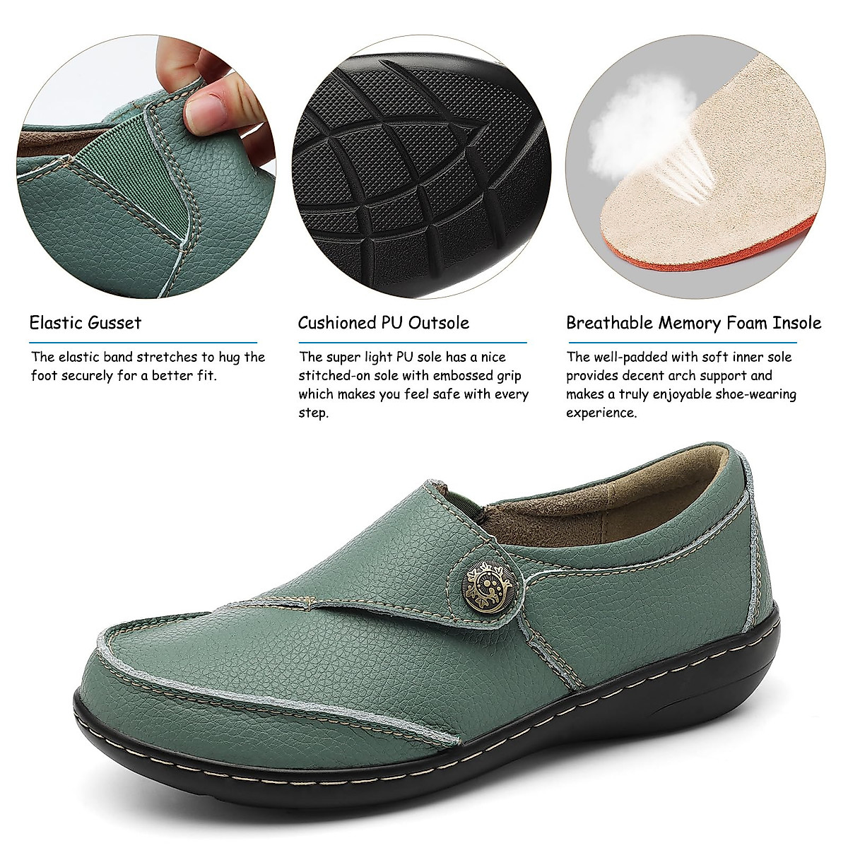 TERRIKAT Women's Classic Casual Green Leather Loafers Cute Moc Toe Slip On Comfort Walking Flats Lightweight Work Shoes 10.5 M US 1202-Lv10.5