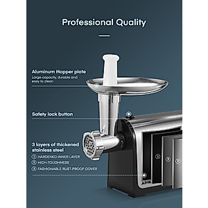 Electric Meat Grinder, Sausage Stuffer with 3 Sausage Tubes, 2 Blades, 3 Plates, 2000W Max, Meat Grinder Heavy Duty for Home Kitchen Use, Stainless Steel (Black)