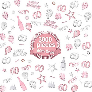 3000 PCS Rose Gold Silver 60th Happy Birthday Confetti Decorations with Diamonds Rose Gold 60th Birthday Party Table Decor Metallic Foil Confetti Scatter for Men Women Birthday Anniversary Party DIY