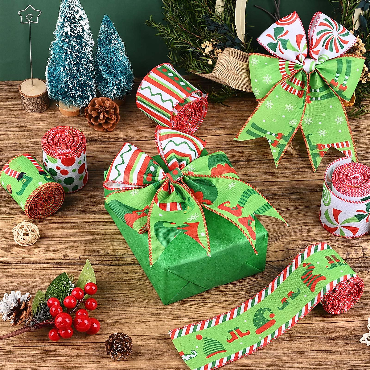 Honic 6 Rolls 30 Yards Christmas Elf Wired Edge Ribbon Elf Hats Legs Multi Dots Stripes Swirl Diagonal Decorative Ribbon for Gift Wrapping Xmas Tree Wreath DIY Crafts