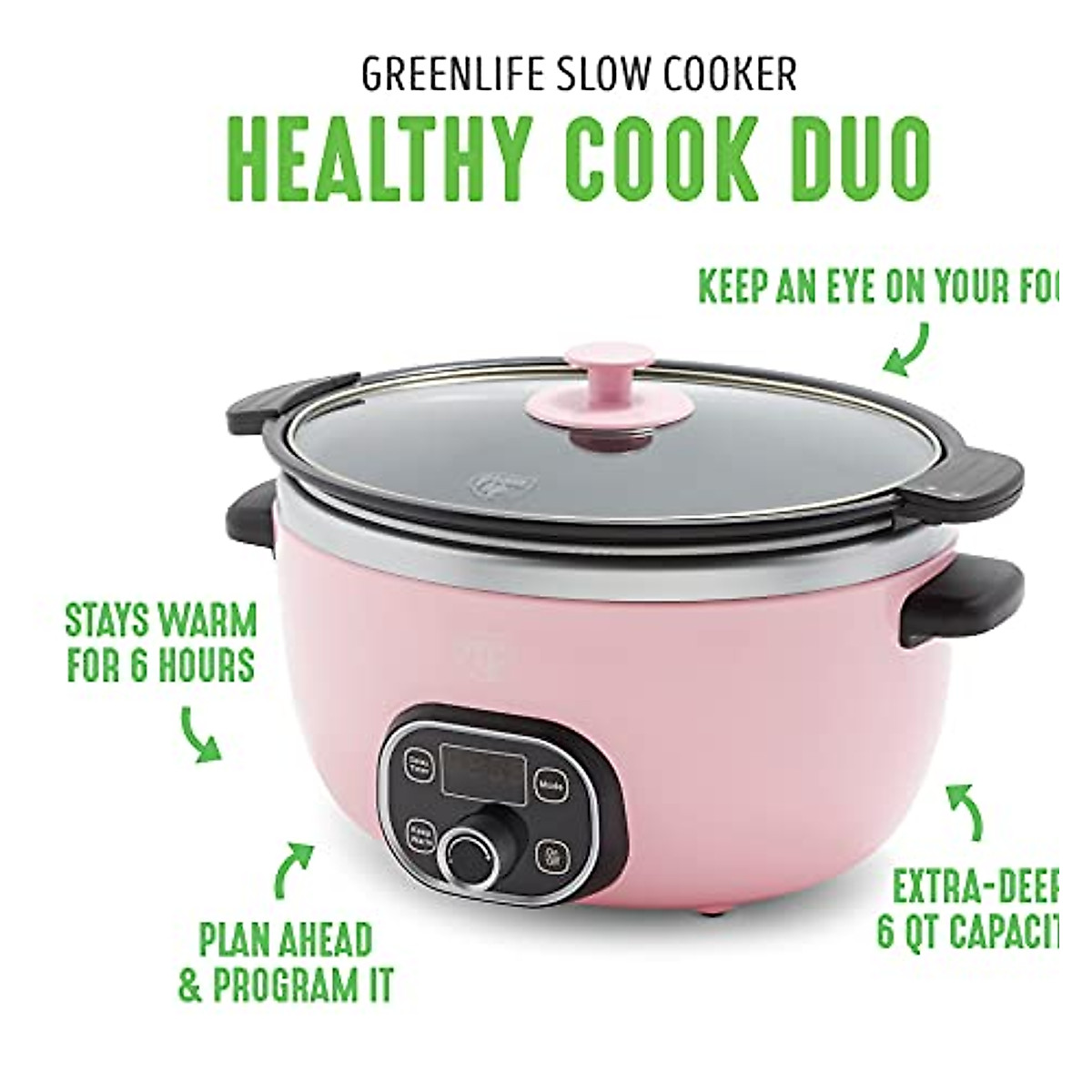 GreenLife Cook Duo Healthy Ceramic Nonstick 6QT Slow Cooker, PFAS-Free, Digital Timer, Dishwasher Safe Parts, Soft Pink