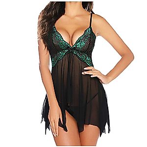 Lingerie for Women Strappy V Neck Lace Babydoll Sleepwear See Through Mesh Sheer Chemises Negligees Boudoir Outfits Plus Size