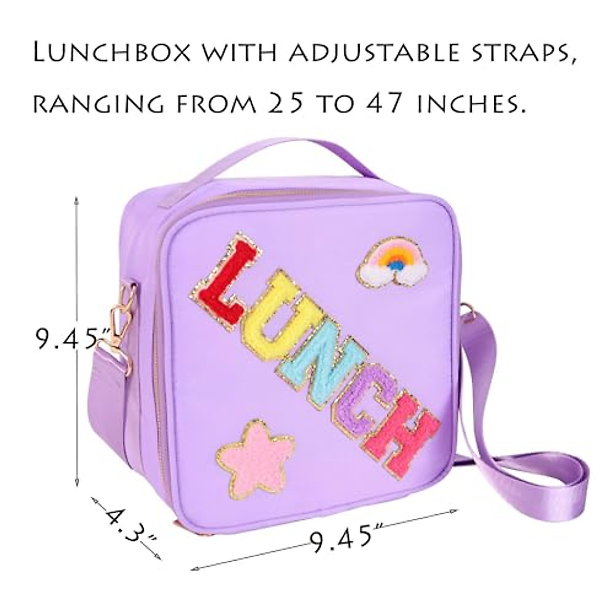 HASOIY Personalized Colorful Letter Patch Insulated Lunch Bag Custom Glitter Varsity Letters Reusable Lunchbox For Kids (purple)