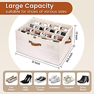 ateboane Shoe Storage Organizer for Closet,Foldable Shoe Storage Bins with Clear Cover,Large Adjustable Shoe Box Storage Containers,Fits 8-16 Pairs,Space-Saving Shoe Cube Organizer, Beige