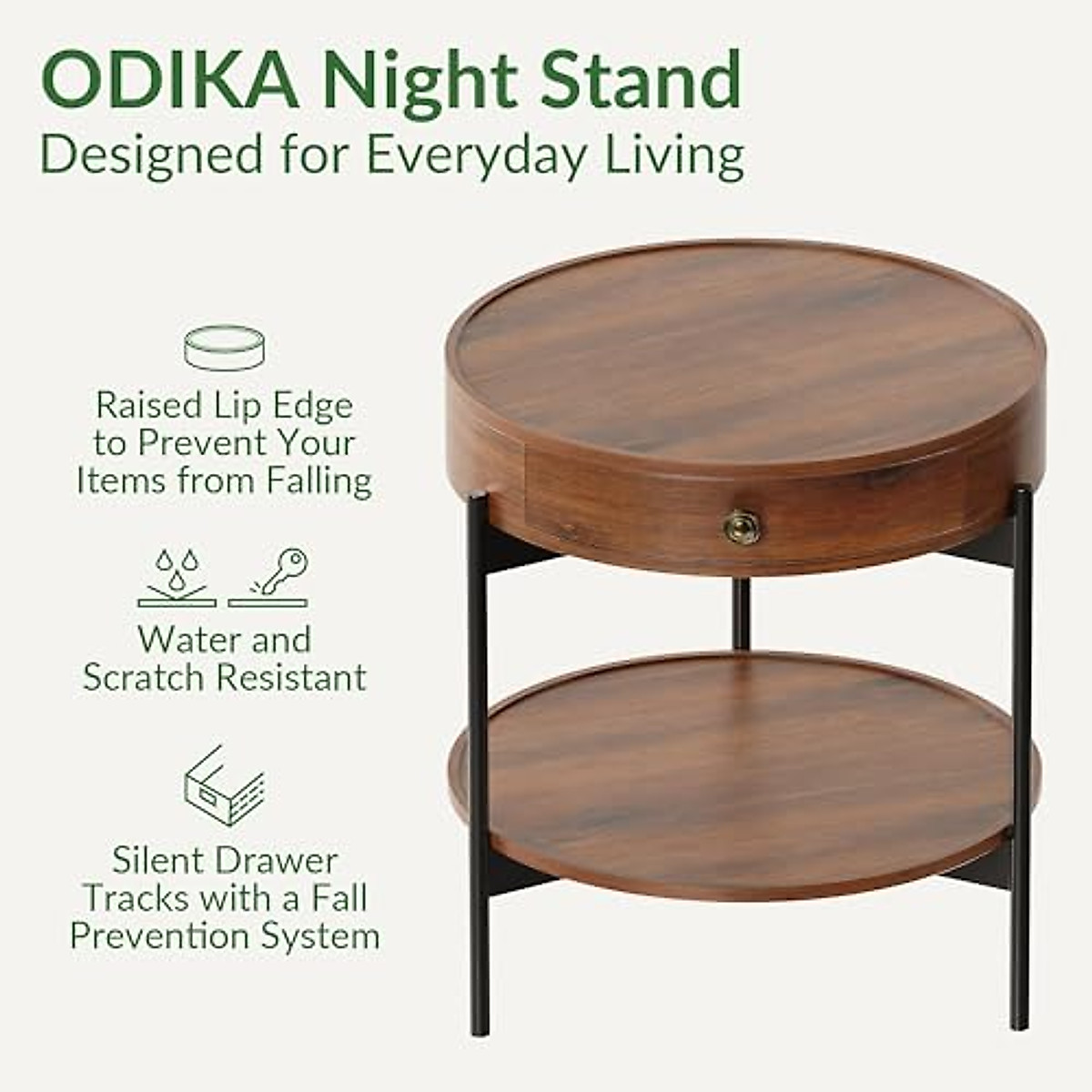 ODIKA Beverly Hills Mid Century Modern Side Table - Versatile Round Nightstand with Drawer, Bedside Table and End Table, Small Wood Side Table for Bedroom, Walnut, Set of 1