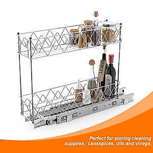 Glolaurge Pull Out Cabinet Organizer 5" W x 21" D, 2-Tier Narrow Kitchen Cabinet Drawer Slide Out Shelves, Chrome