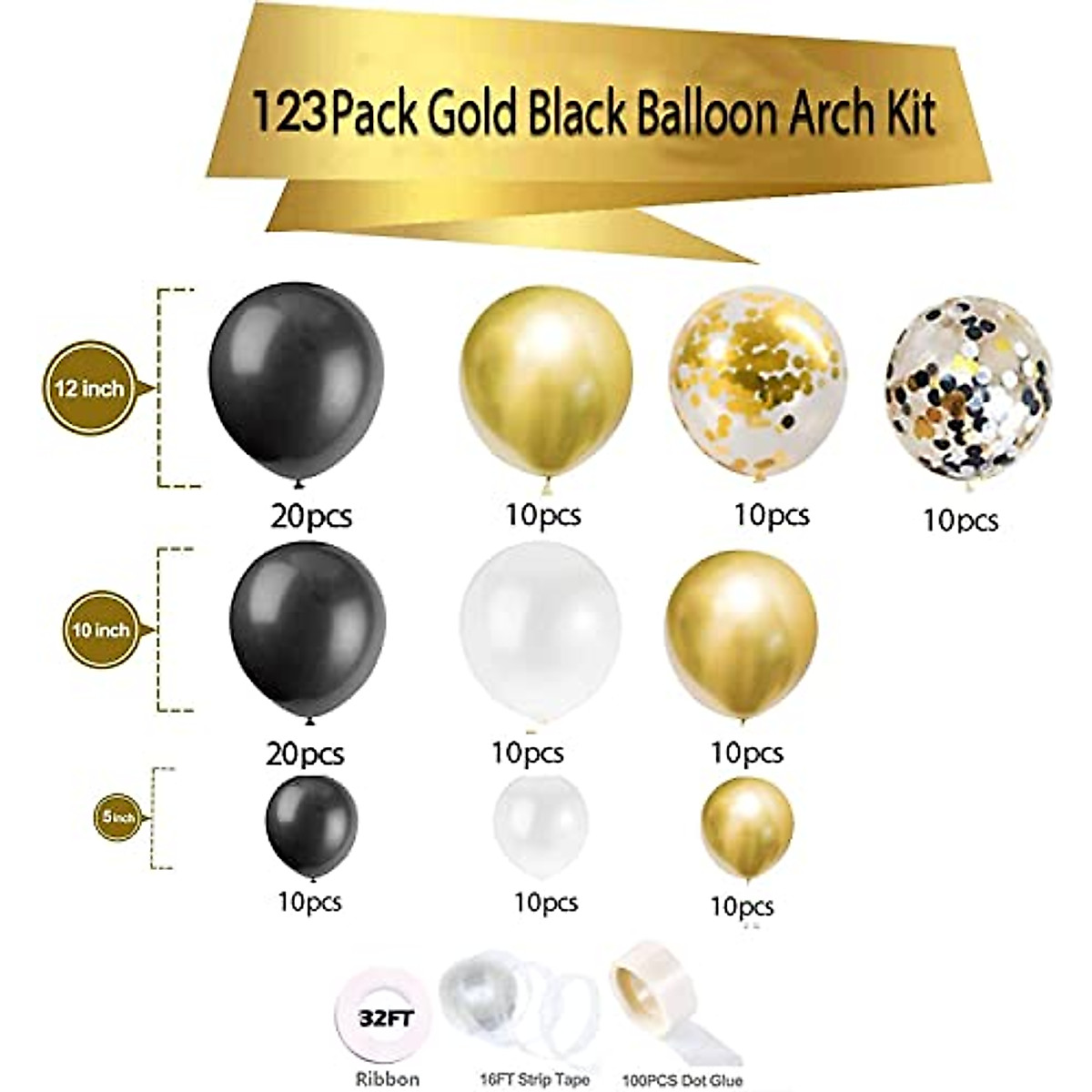 123 Pack Gold Black Balloon Arch Garland Kit, White Gold Black Confetti Balloons for Graduation Party Wedding Birthday Baby Shower Decorations