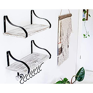 Wall Mounted Floating Spice Shelves with Towel Bar and Removable Hooks, Solid Wood, Rustic Shelving Storage, for Kitchens, Bathrooms and More, Farmhouse Wall Décor, 16.75” Long x 7.5” (White Washed)