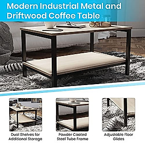Flash Furniture Finley 2-Tier Rectangular Coffee Table - Modern Engineered Driftwood Finish Top - Black Steel Tube Frame - Lower Shelf