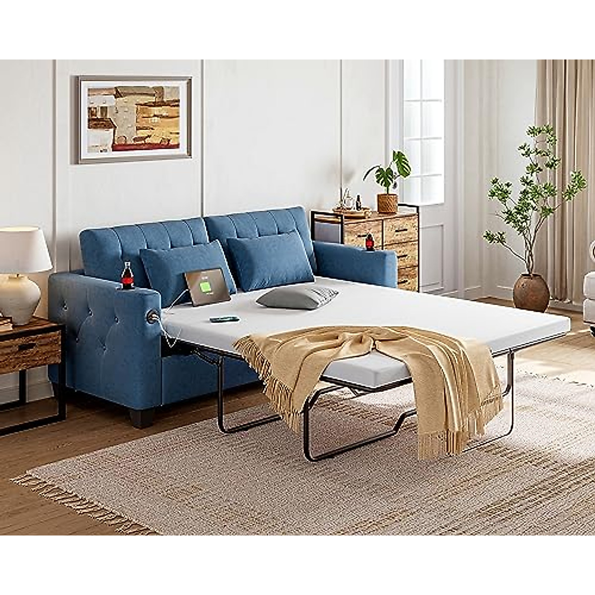 LINSY HOME Pull Out Sofa Bed, Queen Sleeper Sofa Couch with Memory Foam Mattress and Solid Wood Bed Frame, Covers Removable and Washable, Pullout Couch for Home Office, Blue, Queen Size