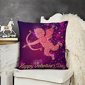 Happy Valentine's Day Throw Pillow Covers 18×18 Pillowcases Set of 2 Glitter Cupid Linen Decorative Square Pillow Case Cushion Covers Standard Size for Sofa Couch Outdoor Bed Pillow Protectors