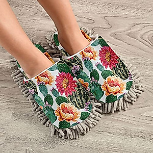 Floral Summer Tropical Cactuses Succulents Mop Slippers Shoes Cover for Floor Cleaning Washable Dust Hair Dirty Cleaners Microfiber Mop Socks for Office House Kitchen