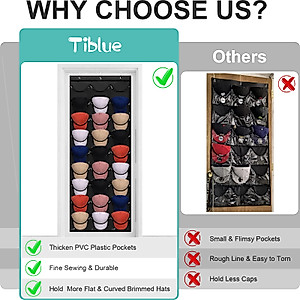 Tiblue Hat Rack for Baseball Caps, 27 Pockets Organizer, Hanging Over the Door Storage Closet Wall with Large Clear & 3 Hooks Holder Hanger for Sport