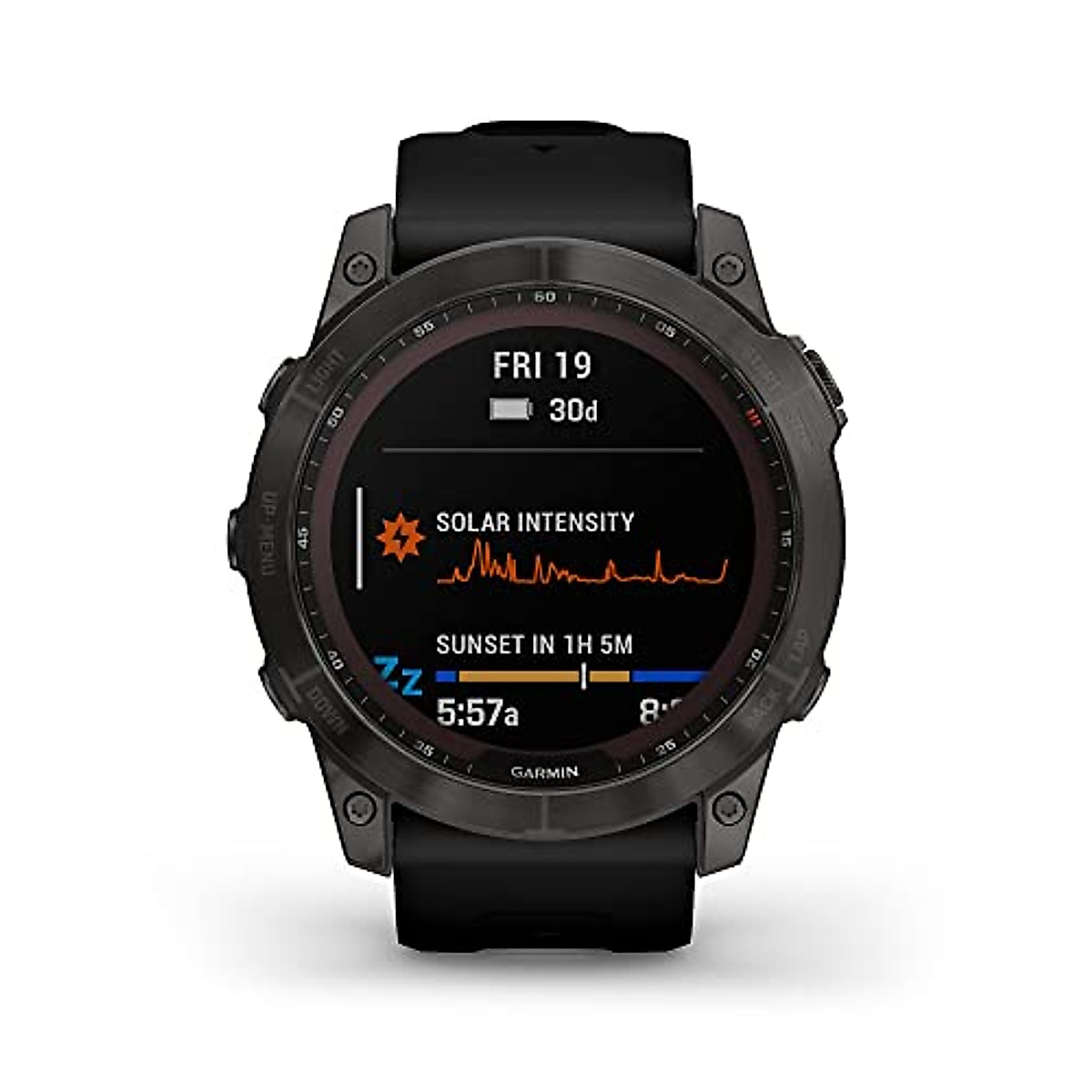 Garmin fenix 7X Sapphire Solar, Larger adventure smartwatch, with Solar Charging Capabilities, rugged outdoor watch with GPS, touchscreen, wellness features, carbon gray DLC titanium with black band