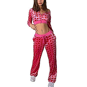 Kaenwang Women 's Heart Print Full Zip Velour Hoodie, Y2K Long Sleeve Crop Sweatshirt Cute Jogging Jacket (Red-top, Small)