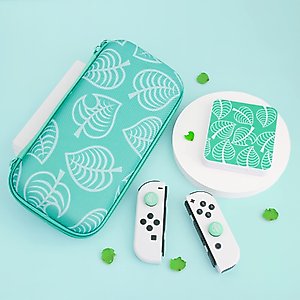 FUNDIARY Green Travel Carrying Case for Nintendo Switch and Switch OLED with Animal Crossing Leaf Design, Shockproof Accessories with Portable Storage Bag, Game Card Case, Handle Strap & 2 Thumb Caps