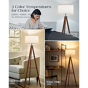 ELYONA Tripod Floor Lamp with Table, Rubber Wood Tall Standing Light, Mid Century Modern Corner Shelf Reading Floor Lamp with Drum Shade for Living Room, Bedroom, Office, LED Bulb Included, Brown