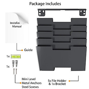 Wallniture Lisbon Metal Wall File Holder Organizer, 5-Tier File Folders Letter Size Magazine Holder and Office Decor, Gray