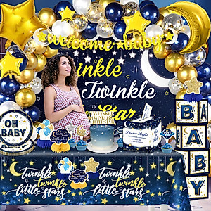 202pcs Twinkle Twinkle Little Star Baby Shower Decorations, Twinkle Twinkle Little Star Gender Reveal Decorations, Navy Blue White Gold Moon and Stars Baby Shower Decorations for Baby Gender Reveal
