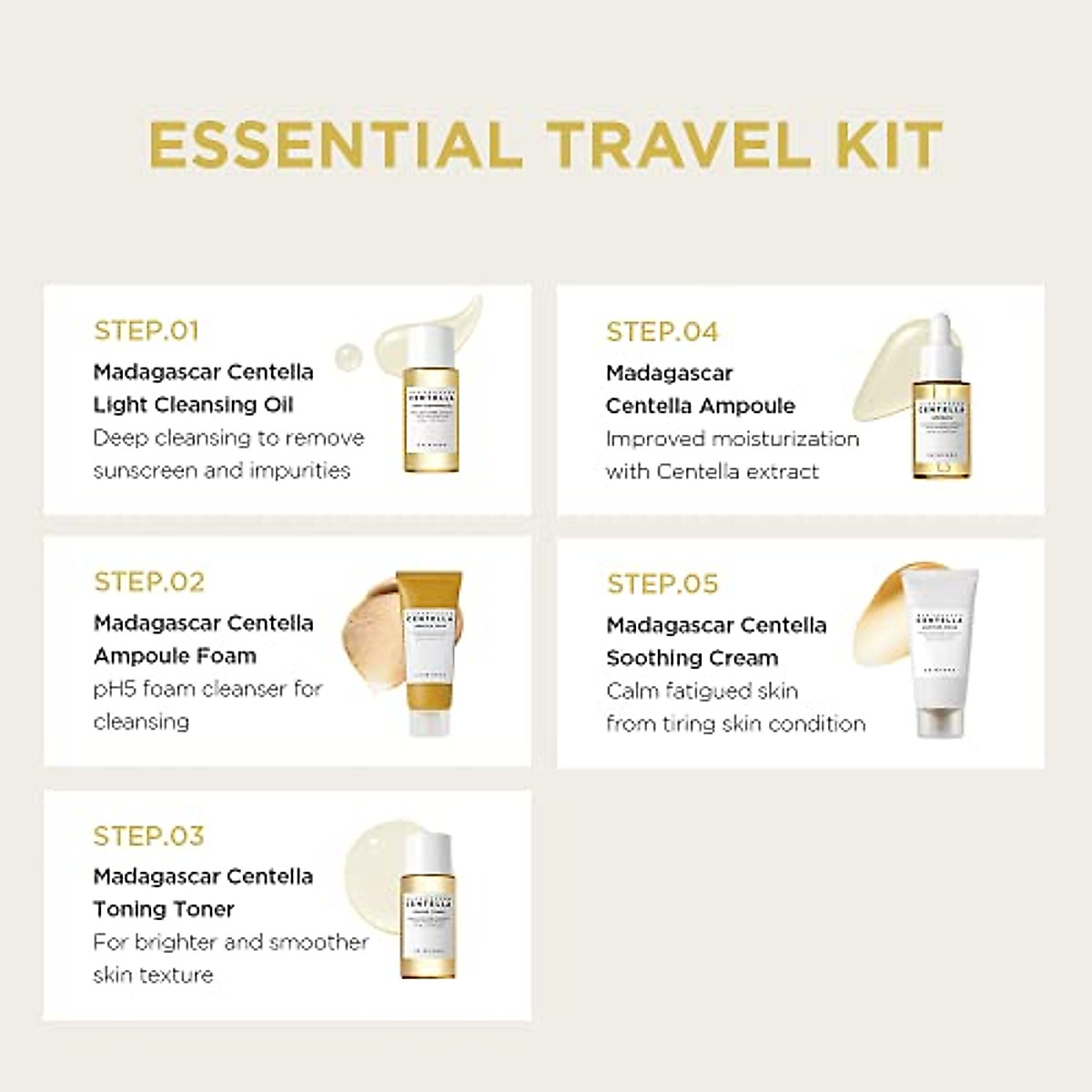 SKIN1004 Madagascar Centella Travel Kit | Toner, Ampoule, Soothing Cream, Cleansing Oil, Ampoule Foam | Basic Skincare Box | Compact Size | Soothing Calming