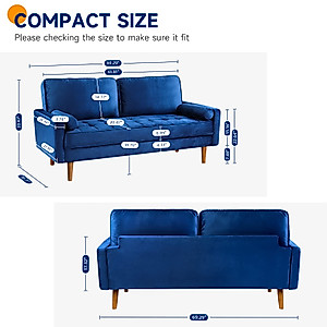 Vesgantti Blue Velvet Couch 70 inch, 3 Seater Loveseat Sofa, Mid Century Modern Couches for Living Room, Upholstered Velvet Sofa with 2 Pillows, Button Tufted Sofa for Bedroom, Home Office, Apartment