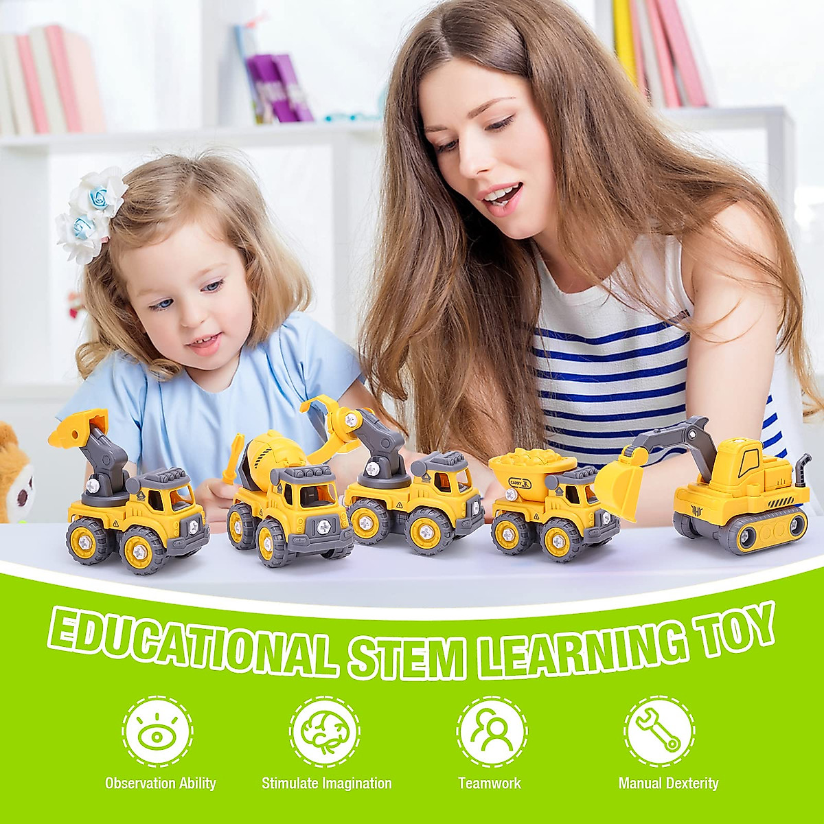 Powerextra STEM Toys for 5 6 7 8 9 Years Old Boys, Take Apart Robot Toys Trucks Set with [Robot Sounds & Flashing Lights]- 5 in 1 Construction Toys for Kids at Age 8-12