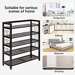 Kinsuite Shoe Rack Organizer 5-Tier Bamboo Shoe Shelf Free Standing Adjustable Shelves with 12 Hooks for Entryway Closet Bedroom, Dark Brown